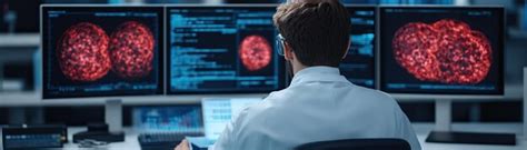 A Scientist Analyzes Data On Multiple Screens In A Modern Lab Focusing On Innovative Research