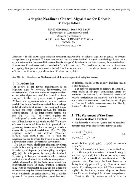 Pdf Adaptive Nonlinear Control Algorithms For Robotic Manipulators