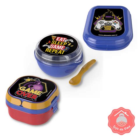 Kit Lancheira Infantil Marmitinha 2 Divisórias Bowl Com Colher