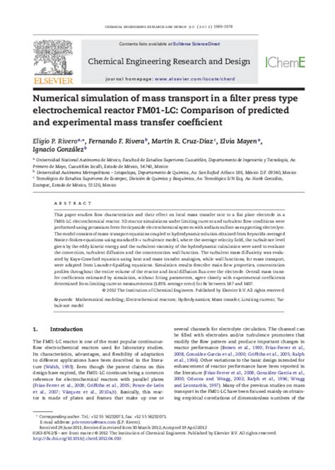 Pdf Numerical Simulation Of Mass Transport In A Filter Press Type Electrochemical Reactor Fm01