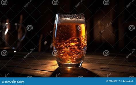 Wooden Bar Counter Reflects Frothy Whiskey Pint Glass In Darkness