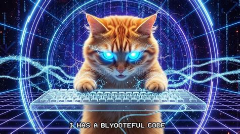 Cybernetic Cat Using Keyboard In Futuristic Digital Interface