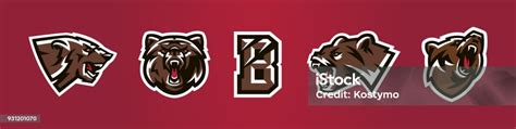 설정 컬렉션 다채로운 아이콘 정체성 스포츠 클럽 지역 사회 회사 마스코트 분노 하 고으 르 렁 곰 공격을 준비 합니다 벡터 일러스트 레이 션 동적 실행 갈색에 대한 스톡