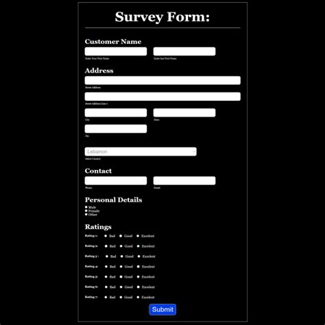 فرم نظرسنجی به انگلیسی Html پروژه فرم نظرسنجی به زبان انگلیسی با استفاده از