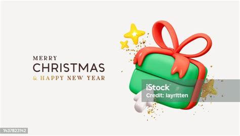 선물 상자 마우스 클릭 밝은 반짝이 노란색 별 금 색종이 크리스마스와 새해 배경 밝은 크리스마스 휴일 구성입니다 현실적인 3d 만화 스타일 디자인 벡터 일러스트 레이 션 0