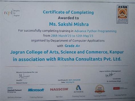sakshi mishra on linkedin certificate of completing training in