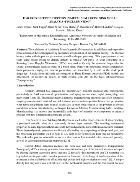 Pdf Towards Defect Detection In Metal Slm Parts Using Modal Analysis Fingerprinting