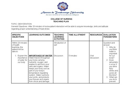 Dehydration Teaching Plan College Of Nursing Teaching Plan Topic