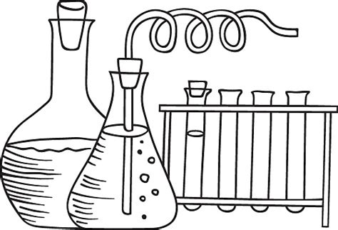 유리 화학 Retorts와 시험관의 손으로 그린 낙서 스케치 라인 아트 벡터 그림 학생 과정 화학 상징 포스터 배너 검은 윤곽선 디자인 요소 건강관리와 의술에 대한 스톡