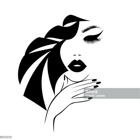 검은 입술 무성한 속눈썹 검은 매니큐어 손톱 검은 머리 세련된 헤어 스타일과 손 아름다운 여자 얼굴 뷰티 로고 네일 아트 스튜디오 배경 화면 배경 화면입니다 벡터 그림입니다