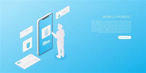 평면 아이소메트릭 벡터 일러스트 레이 션의 모바일 결제 개념 스마트폰 신용 카드 사람 스캔 지문 및 식별 시스템 벡터 일러스트와 함께 온라인 뱅킹 응용 프로그램 프리미엄 벡터