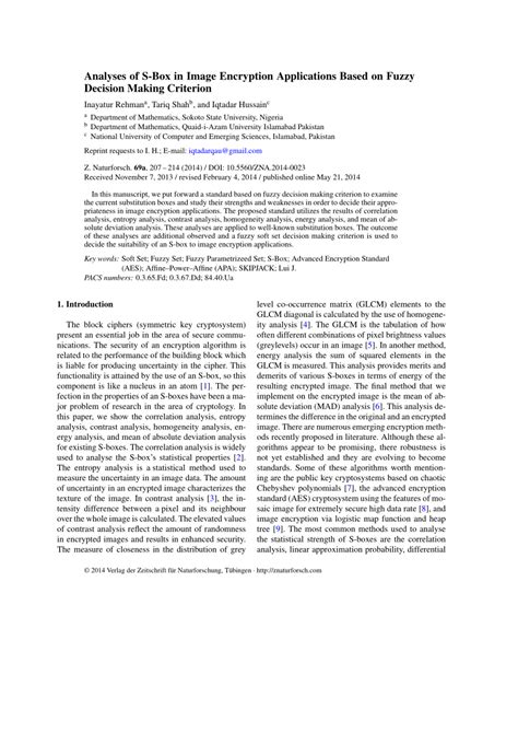 Pdf Analyses Of S Box In Image Encryption Applications Based On Fuzzy Decision Making Criterion