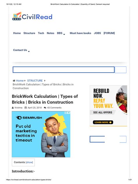 Brickwork Calculation And Calculator Quantity Of Sand Cement Required Pdf Brick Mortar