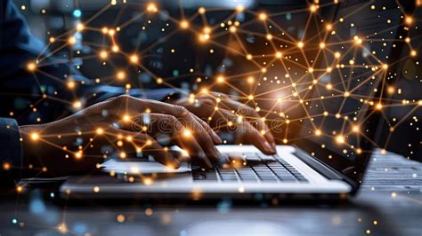 Hands Typing On A Keyboard With A Glowing Network Stock Image Image
