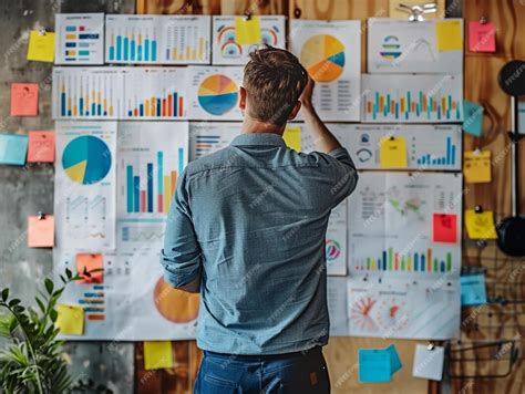 man analyzing data charts on a wall in an office premium ai generated