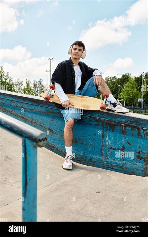 A Young Man Sits Casually At A Park Skate Ramp Holding His Skateboard