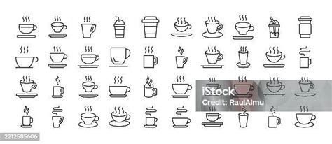 음료 얇은 선 아이콘 세트 벽지 그래픽 및 웹 디자인 앱 광고 다양한 카드를 위한 컵 개요 표지판 0명에 대한 스톡 벡터 아트