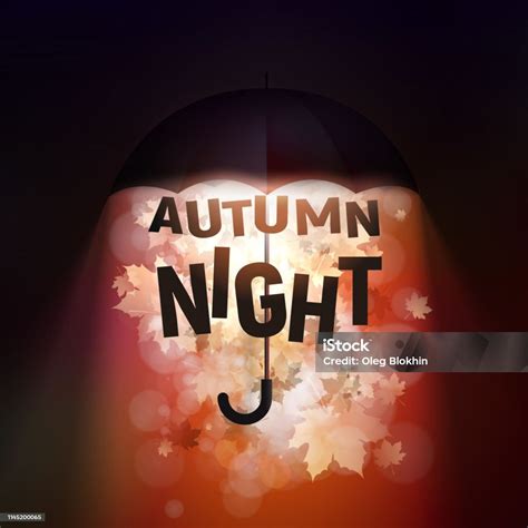 어두운 배경에 Bokeh 효과가 있는 밝은 빛 내부를 가진 오픈 우산 떨어지는 나뭇잎 벡터 일러스트 레이 션으로가을 밤 비문 파라솔 아래에서 따뜻하고 건조 한 인디언 서머에