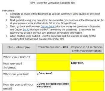 Spanish Review Questions For Semester Google Doc With Quizlets