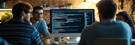 Software Engineers Collaborating On Code Displayed On A Large Monitor