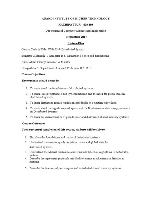 Cs8603 Lesson Plan Pdf Distributed Computing Peer To Peer