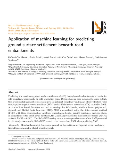 Pdf Application Of Machine Learning For Predicting Ground Surface Settlement Beneath Road