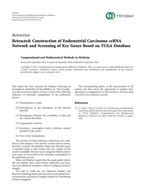 Pdf Retracted Construction Of Endometrial Carcinoma Cerna Network And Screening Of Key Genes
