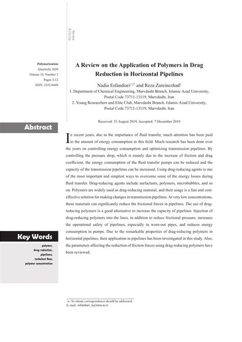 Pdf A Review On The Application Of Polymers In Drag Reduction In Horizontal Pipelines