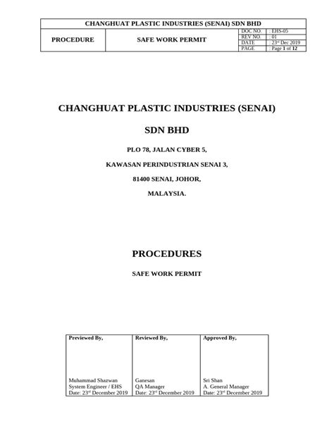 Ehs 05 Safe Work Permit Pdf Employment Safety