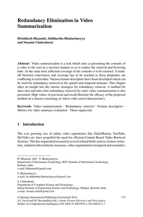 Pdf Redundancy Elimination In Video Summarization
