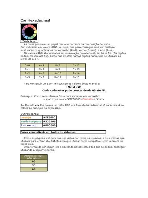 Tabela De Cores Hexadecimais Pdf