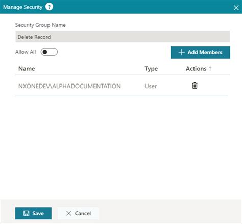 delete record manage security screen