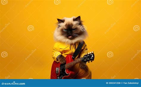 Happy Birman Cat Dressed As A Rockstar On Dark Yellow Colour Background