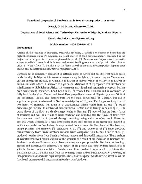 Pdf Functional Properties Of Bambara Nut In Food Systemsproducts A