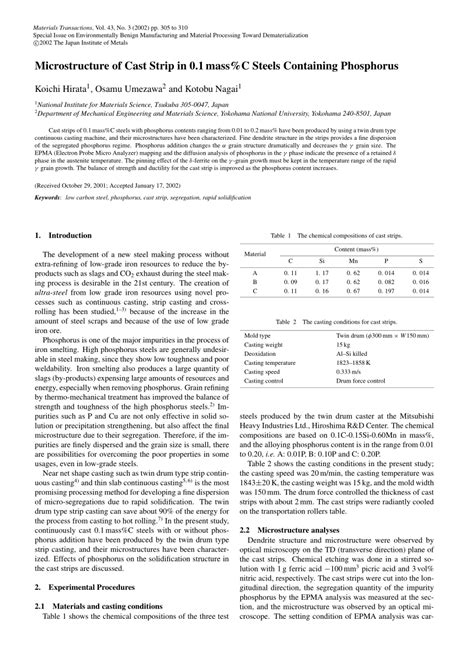 Pdf Microstructure Of Cast Strip In 01 Mass C Steels Containing