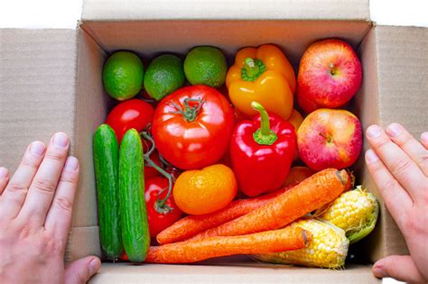 흰색 배경에 농산물 과일 및 채소가 들어있는 배달 골판지 상자를 여는 사람 배달서비스에 대한 스톡 사진 및 기타 이미지 배달서비스 채소 신뢰성 Istock