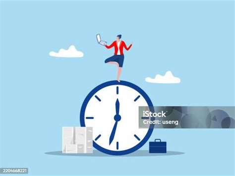 일과 생활의 균형 또는 집중 및 시간 관리 시계 페이스에서 요가나 명상을하면서 노트북으로 작업하는 비즈니스 우먼 유연한 근무 시간 벡터 개념에 대한 스톡 벡터 아트 및 기타