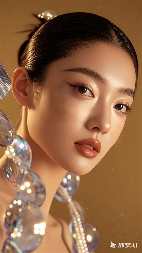 面部特写，135mm 中国女性 人像模特，粒子特效模拟，s型曲线身材，金色背景，面部透出珍珠母贝光泽的生物肌理感 柔焦霓虹光晕与8k皮肤细节 2 花瓣网