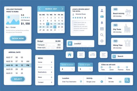 User Interface Elements Set For Travel Agency Mobile App Or Web Kit Template With Hud Calendar