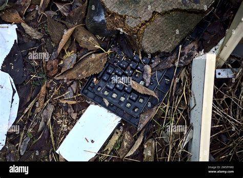 Broken Keyboard With Foliage Seen From Above Stock Photo Alamy