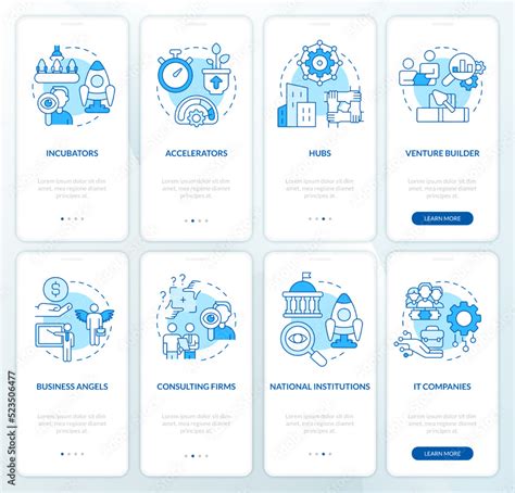 Startup Financing Options Blue Onboarding Mobile App Screen Set Walkthrough 4 Steps Editable