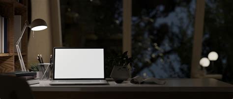 Premium Ai Image Modern Dark Workspace With Laptop White Screen