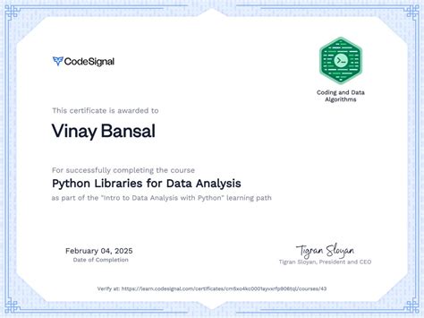 Vinay Bansal On Linkedin Course Certificate For Python Libraries For Data Analysis