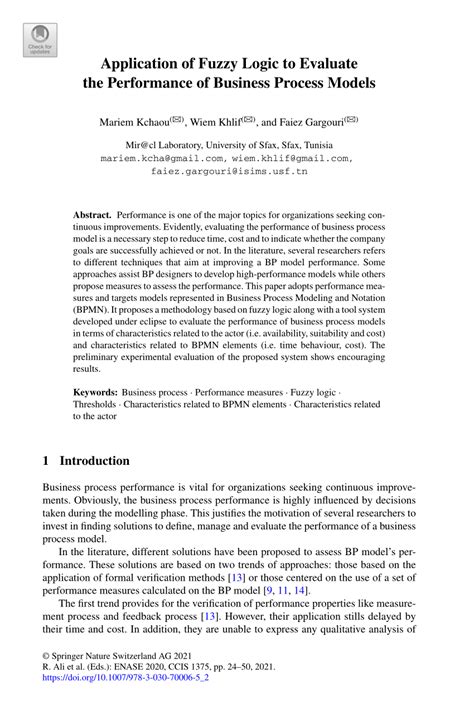 PDF Application Of Fuzzy Logic To Evaluate The Performance Of Business Process Models