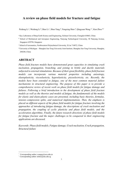Pdf A Review On Phase Field Models For Fracture And Fatigue