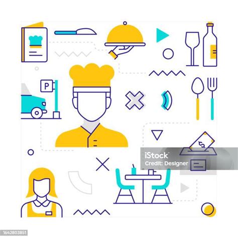 레스토랑 관련 라인 스타일 배너 디자인 웹 페이지 헤드 라인 브로셔 연례 보고서 및 책 표지 건강한 식생활에 대한 스톡 벡터