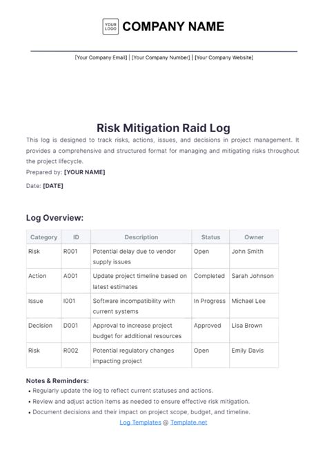 Free Risk Mitigation Raid Log Template To Edit Online