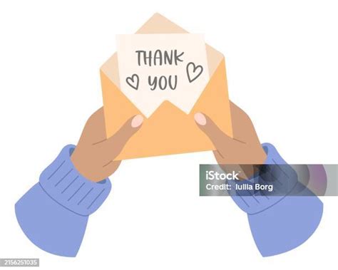 감사 카드가 들어 있는 봉투를 들고 있는 손 커뮤니케이션 서신 감사 게시물 또는 문구 테마 평면 스타일의 벡터 그림입니다 감사에 대한 스톡 벡터 아트 및 기타 이미지