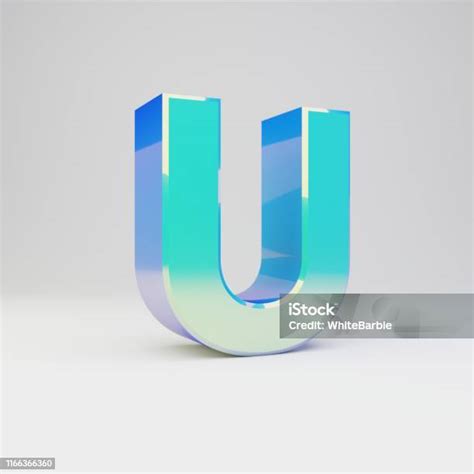 하늘 색 3d 문자 U 대문자입니다 흰색 배경에 광택 반사와 그림자가 분리된 금속 글꼴입니다 0명에 대한 스톡 사진 및 기타