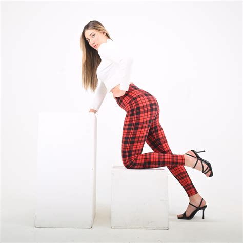 Red Plaid Print High Waisted Leggings Comfy Forever